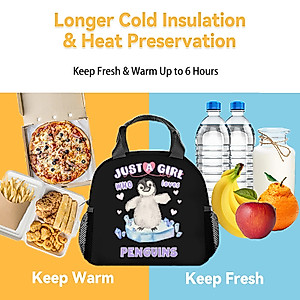 PAKKITOP Penguin Lunch Bag for Kids, Small Lunch Bags Insulated, Cute Reusable Lunchbox for Teen Girls Boys, Black Portable Lunchbags for School Travel Picnic, Freezable and Foldable