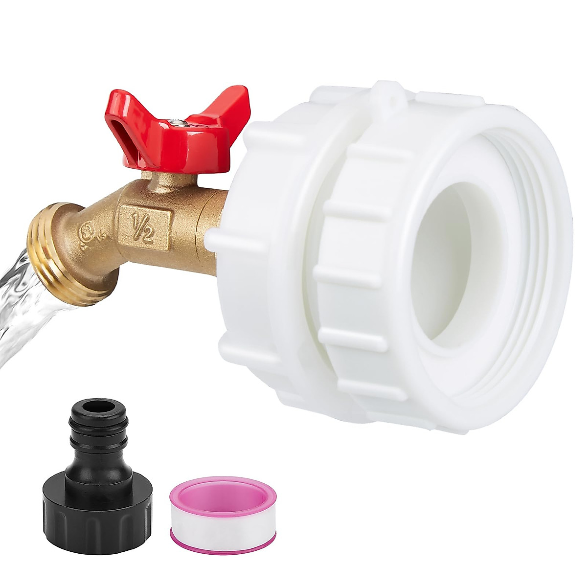 WADEO IBC Tote Adapter, 2.44" Fine Thread Adapter for 275-330 Gallon IBC Tote Tank, Brass Water Shut-Off Valve Faucet (1/2" Male NPT Inlet ×3/4" GHT Outlet) - with Garden Hose Quick Connector, White