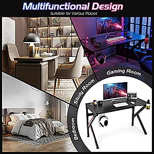 MEDIMALL 48” Gaming Desk, Racing Style Home Office Desk with Heavy-Duty K-Shaped Steel Frame, Ergonomic Gamer Work Station with Cup Holder & Headphone Hook & 2 Cable Management Holes, Black