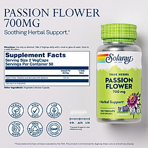SOLARAY Passion Flower 700 mg Whole Aerial - Soothing Herbal Support - Passion Flower Capsules - Vegan, Non-GMO, 60-Day Guarantee, Lab Verified - 50 Servings, 100 VegCaps