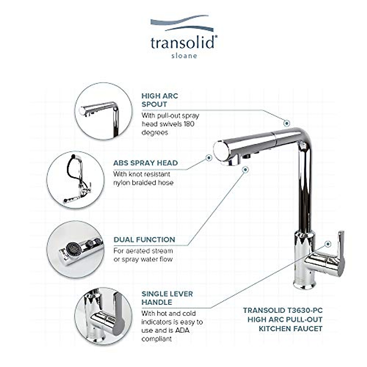 Transolid T3630-PC Sloane Pull-Down Kitchen Faucet, Polished Chrome