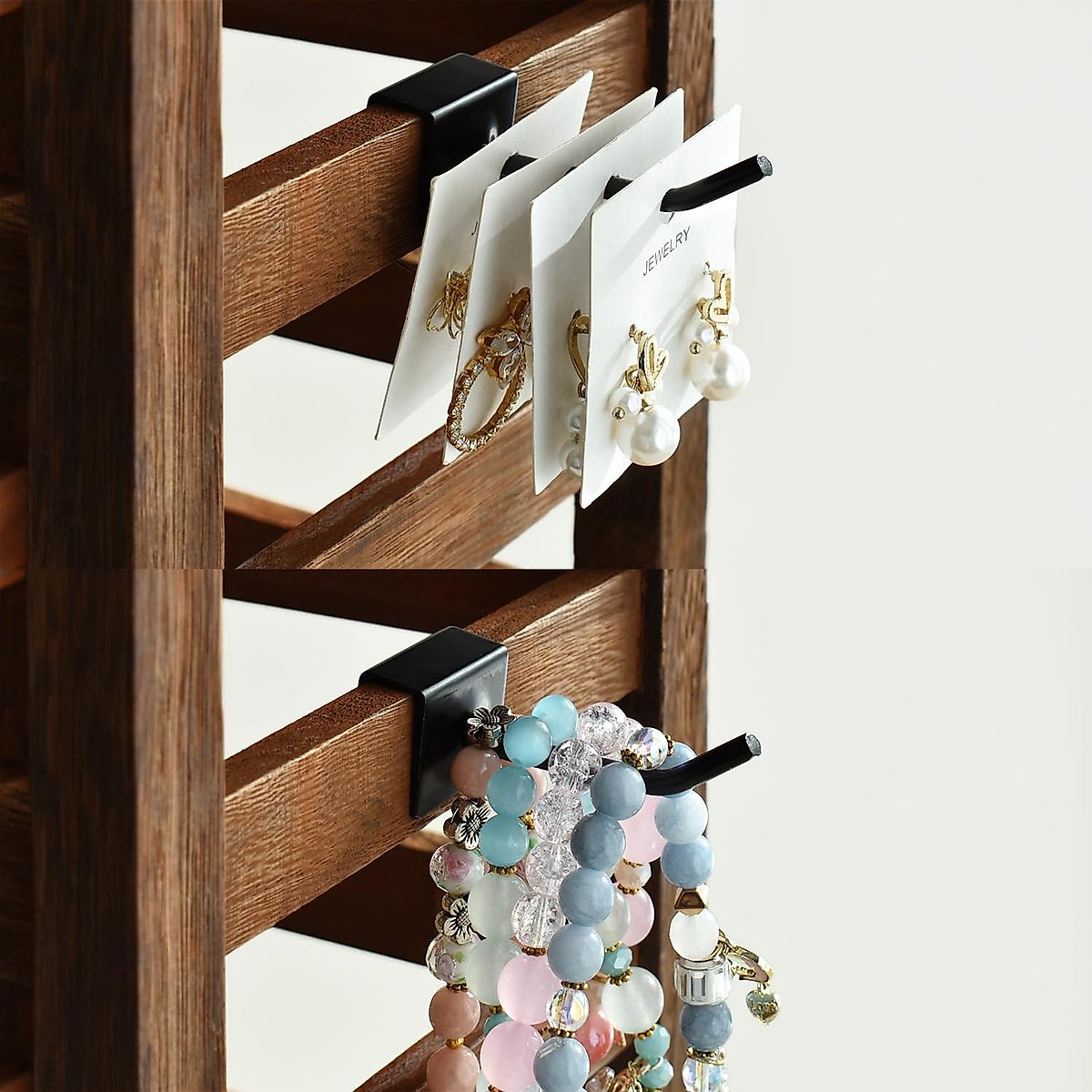 Ikee Design 5 Tiers Easy Assemble Wood Rotating Jewelry Display Tower with 42 Removable Hooks,Spinning Earring Card Storage Display Stand for Store, Showcase, Tradeshow and Home,Brown Color