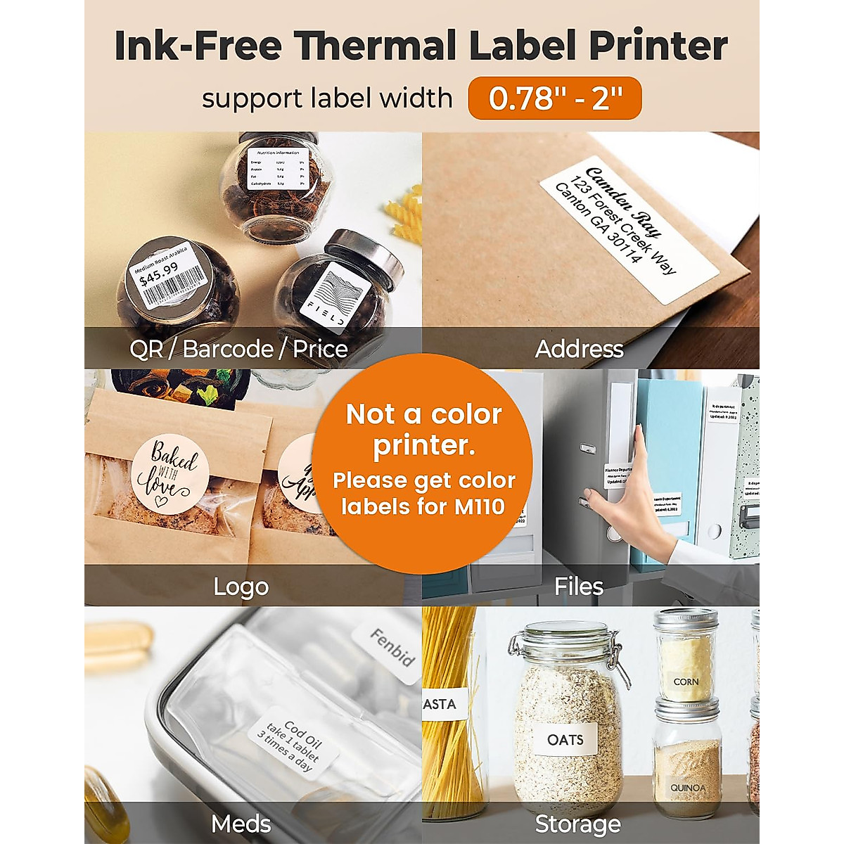 Phomemo M110 Label Printer - Bluetooth Portable Label Maker No Ink, Mini Barcode Label Printer for Retail, Address, Barcode, Home, for PC/Mac, iOS/Android with 3pack Most Used Labels, Snow White