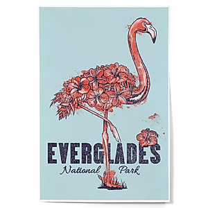 Lantern Press Everglades National Park, Flamingo, Flowers (12x18 Art Print, Travel Poster Wall Decor)