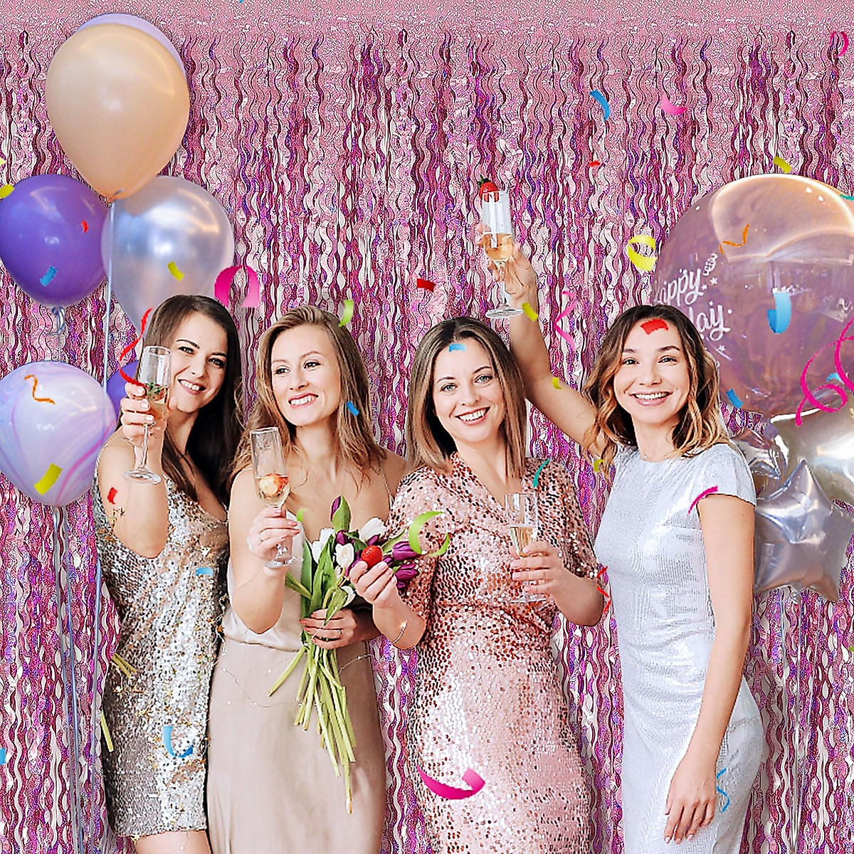 Pink Streamers Fringe Backdrop Tinsel Foil Fringe Curtains Wavy Backdrop for Parties Sparkle Metallic Wavy Foil Fringe Backdrop Curtain Photo Booth Props for Birthday Wedding