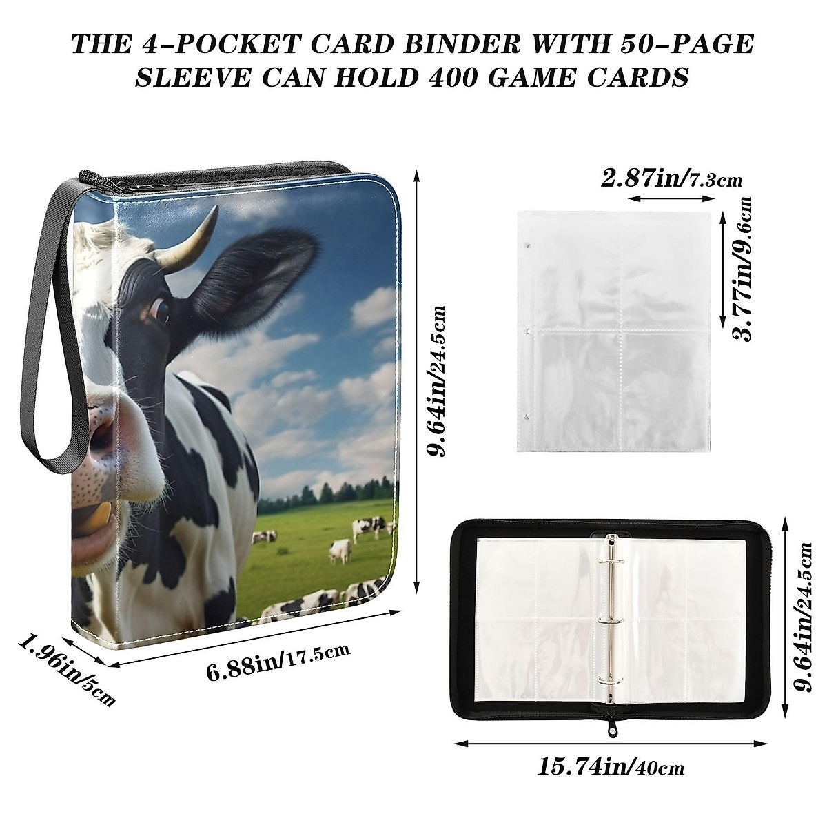PYBUG Highland Cow Trading Card Binder with Nylon Strap 4-Pocket Waterproof PU Leather Card Collection Binder for 400 Cards Sturdy Card Holder Folders for Game Cards,Sports Cards