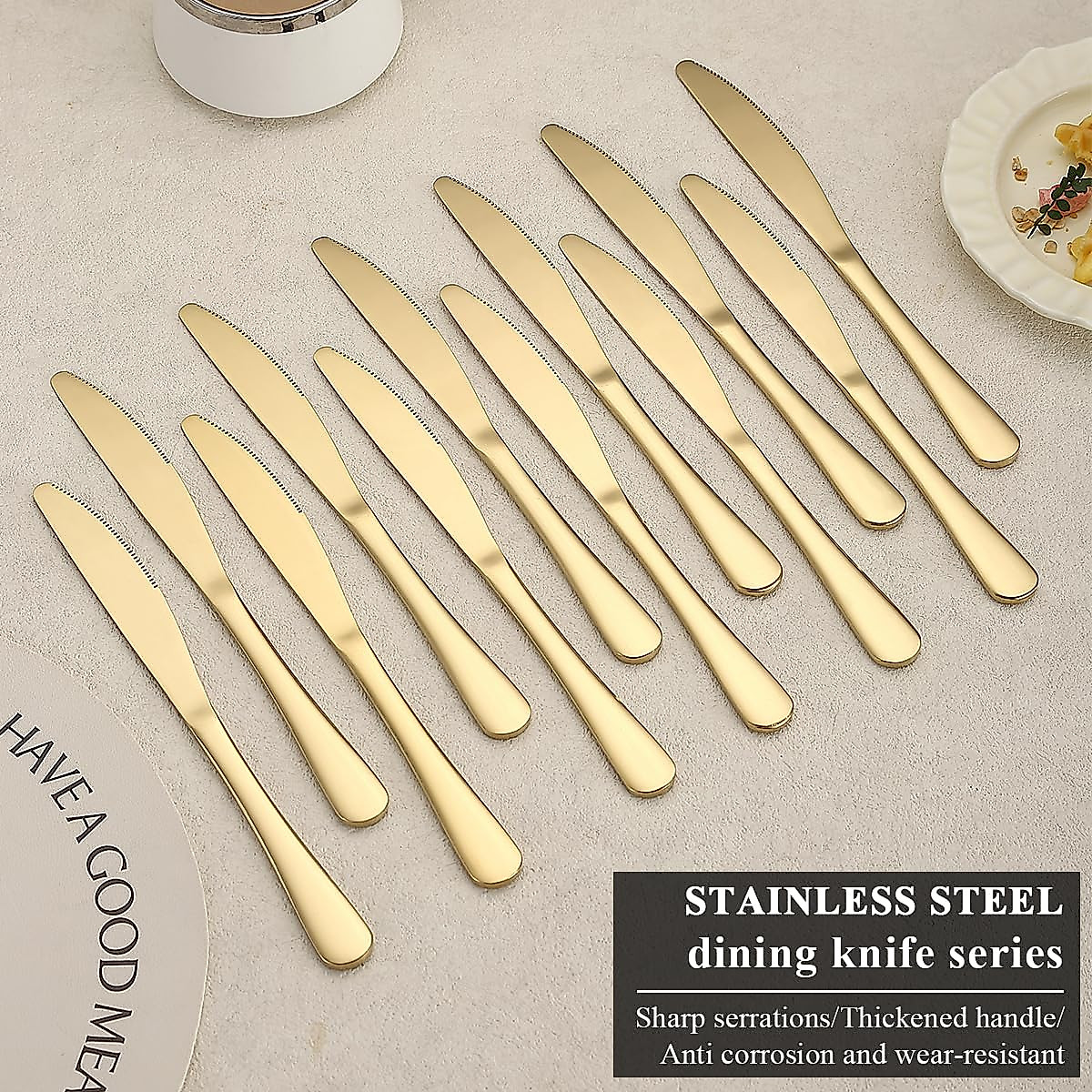 ReaNea Gold Dinner Knives Set of 12 Pieces, Stainless Steel Titanium Gold Plating Butter Knife, Table Knives for Home, Restaurant, Hotel, Wedding, Events