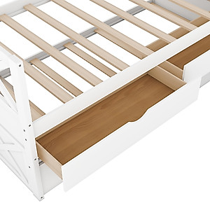 LZ LEISURE ZONE Twin Size House Bed, Solid Wood Platform Bed with Trundle, 3 Storage Drawers and Roof, White