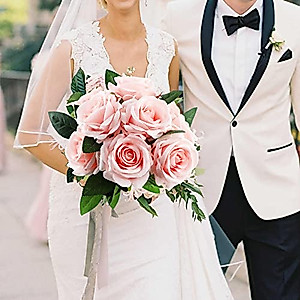 Heofloliy 10PCS Fake Roses Pink Roses Silk Artificial Flowers with Steam Bridal Bouquets for Party Wedding Decoration Table Centerpiece Arrangement (Pink)