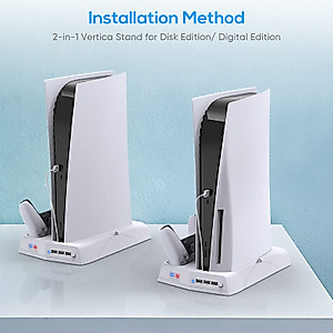MENEEA Vertical Stand for PS5 Digital Edition/Ultra HD with Dual Controller Charging Station & Suction Cooling Fan & 14 Retractable Game Slots, for PS5 Gaming Accessories for PS5 Console
