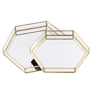 Koyal Wholesale Gold Glass Mirror Hexagonal Trays Vanity Set of 2, Decorative Mirrored Hexagon Trays for Coffee Table