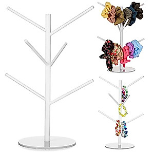 Acrylic Scrunchie Holder Organizer Stand Angled Branches Scrunchie Holder Stand Accessories Jewelry Hair Tie Organizer Storage Holder Bracelet Earrings Holder Y2k Room Decor for Girls Teen (White)