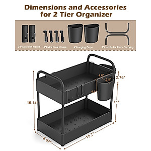 FURTIME Under Sink Organizer, 2 Tier Kitchen Under Sink Storage Bathroom Countertop Organizer with 6 Hooks 2 Hanging Cups and Anti-Foot for Bathroom Kitchen Spice Makeup Cosmetics Vanity Narrow Space