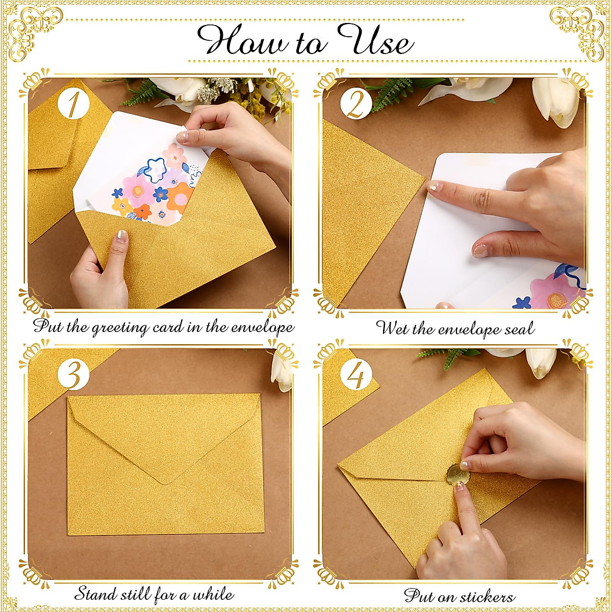 100 Set 5 x 7 Laser Cut Wedding Invitations with Envelopes and Wax Seal Stickers Pocket Wedding Invitation Cards Blank Invitation Kit for Wedding Bridal Shower Engagement Invite (Gold)