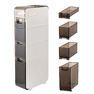 4 Tier Bathroom Floor Cabinet, Vertical Storage Unit with Clear Drawers and Casters, Large Capacity Narrow Tall Slim Storage Tower Waterproof Toilet Paper Storage Cabinet for Small Spaces Gaps