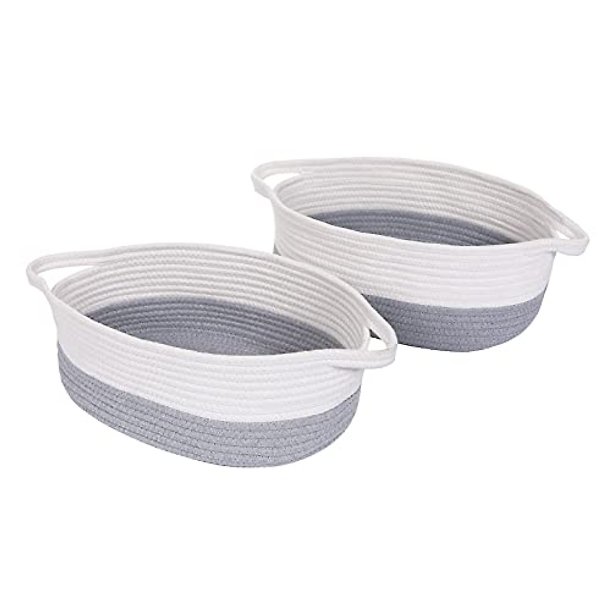 ZFRXZ 2-Pack Small Woven Basket | Cute Gray Rope Basket | Oval Basket | Shelf Storage Basket | Chest Box| Empty Gift Baskets with Handles, 14"x 9.8" x 5" Cube Bins Organizer(White-Gray)