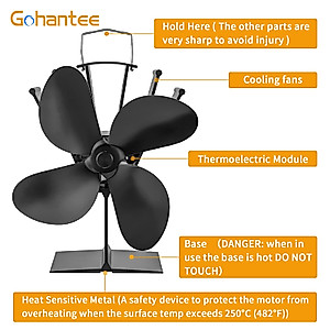 Wood Stove Fan Heat Powered Stove Fan with Thermometer, 4-Blade Fan Start Silent for Wood Fireplace Log Burner Increases Warm Friendly and Efficient