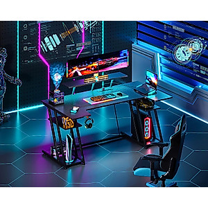 MOTPK Gaming Desk with LED Lights, 60 Inch U Shaped Desk with Power Outlet, Gaming Computer Desk with Storage Shelves, PC Gaming Table with Monitor Stand&Headphone Hook, Carbon Fiber Texture, Black