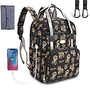 pipi bear Diaper Bag Backpack, Jacquard Diaper Backpack with Changing Pad and USB Charging Port, Stylish Baby Bag for Mom Dad, Black
