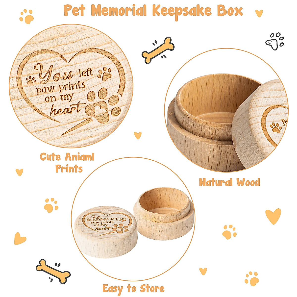 CJiangpo Pet Hair Keepsake Box, Wooden Pet Fur Memorial Box with Paw Engraving, Dog Cat Hair Ashes Container Memorial Urn Loss Sympathy Gifts