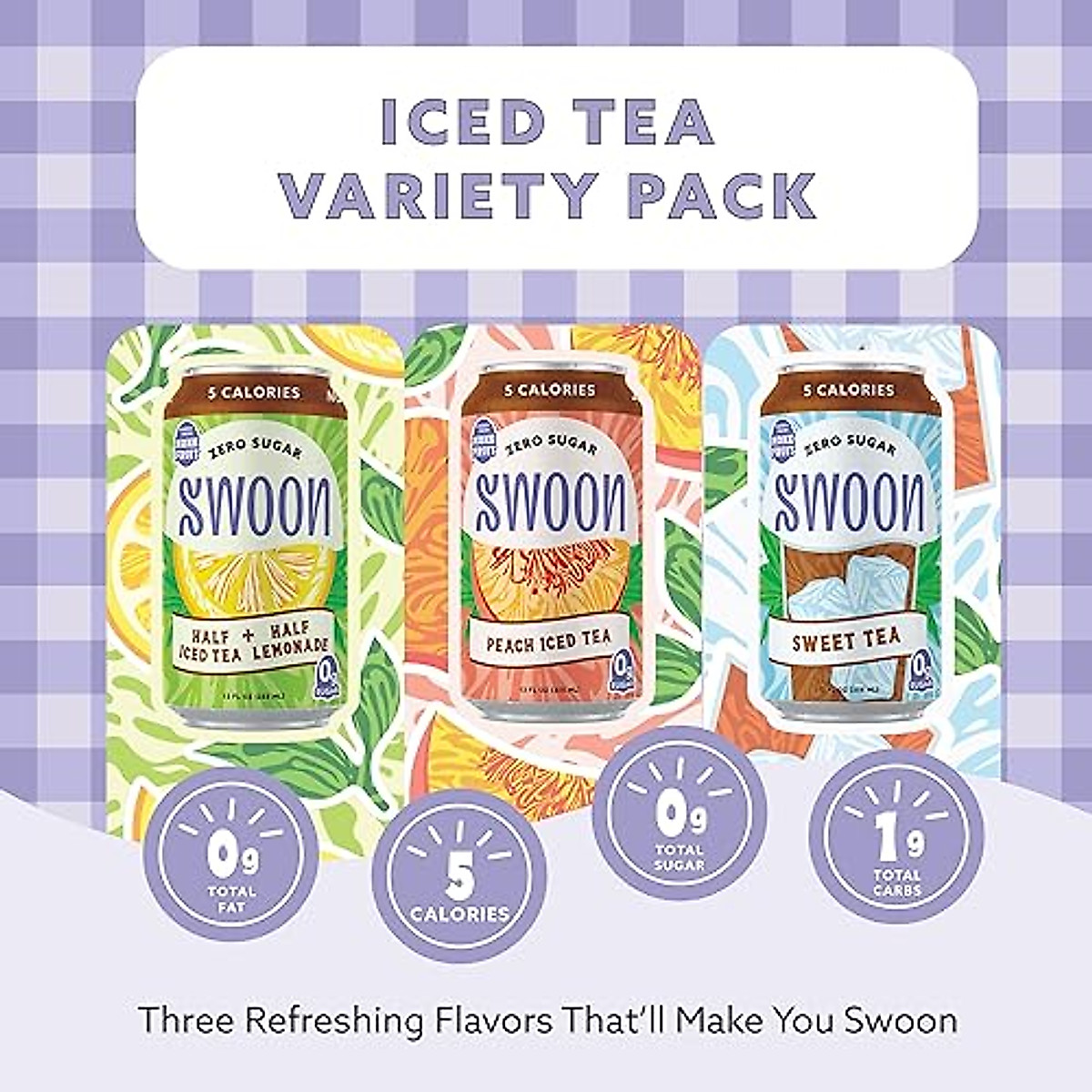 Swoon Iced Tea Variety Pack - Low Carb, Paleo-Friendly, Gluten-Free Keto Drink - Half + Half Iced Tea Lemonade, Peach Iced Tea, and Sweet Tea - 12 fl oz (Pack of 12)