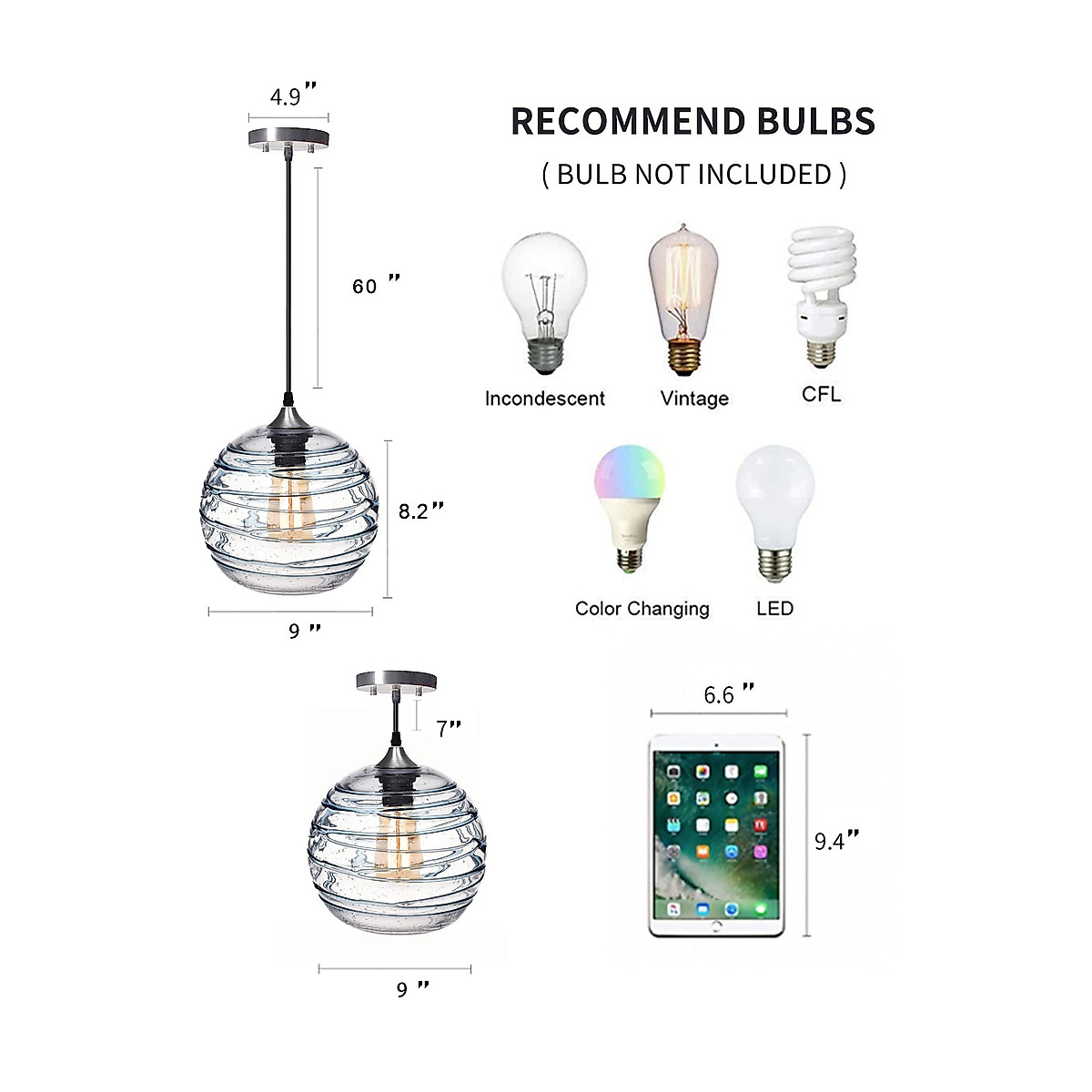 ARIAMOTION Pendant Lights Dining Room Coastal Lighting Fixtures Blue Stripe Seeded Glass Modern Style Ceiling Hanging Kitchen Island Beach House Sunroom Hallway Globe Lamp 9 Inch 2 Pack