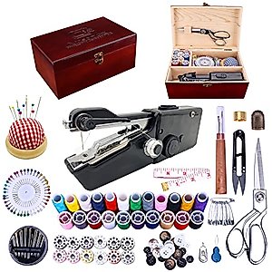 Hand held Sewing Device, Handheld Sewing Machine Heavy duty, Hand Sewing Machine Portable, Wooden Sewing Box with 153 Pcs Sewing Kit