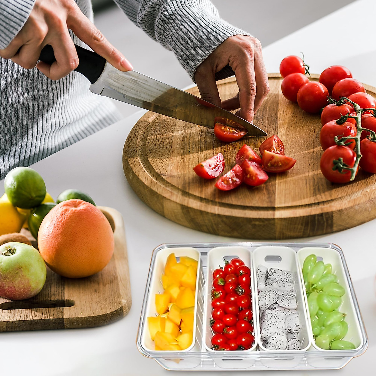 Kenswiss 2 Pack Divided Serving Tray with Lid and Handle | Portable Snackle Box for Adults, Kids | Charcuterie Container with 8 and 4 Compartments | Snack Organizer for Fruits and Travel