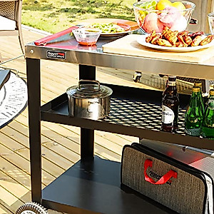 Royal Gourmet PC3404S Rolling Dining Table with Trash Bag Holder, Outdoor Garden Patio BBQ Kitchen Food Prep Table Cart, 34"L x 20"W Stainless Steel Tabletop, Silver & Black