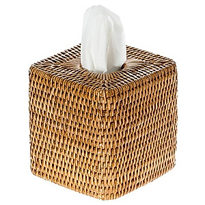 Kouboo La Jolla Rattan Round Waste Basket with Lid & Plastic Insert, 2 Gallon Woven Wastebasket & Home Decor, Honey Brown & 1030055 La Jolla Rattan Square Tissue Box Cover, 5.5" x 5.5" x 5.75"