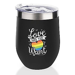 Mighun Love Who Your Want Wine Tumbler with Lid, Pansexual Bisexual LGBTQ Vacuum Coffee Tumbler, Gay Pride Stemless Insulated Wine Glasses Cup for Champaign, Cocktail, Beer