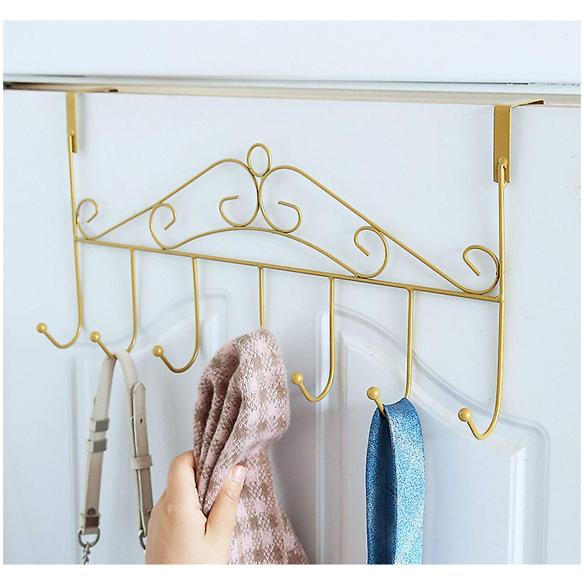 eywlwaar Gold Over The Door Hooks 7 Hanger Rack Heavy Decorative Metal Rack for Home Use Hats Coats Key Bag Clothes Scarfs Hooks (Golden)