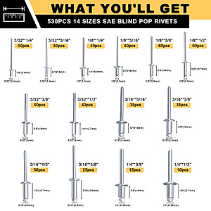 Siptenk 530PCS Pop Blind Rivets Assortment Kit, SAE Aluminum Assorted Rivet Set 14 Sizes 3/32" 1/8" 5/32" 3/16" 1/4" Pop Rivet Kit for Metal