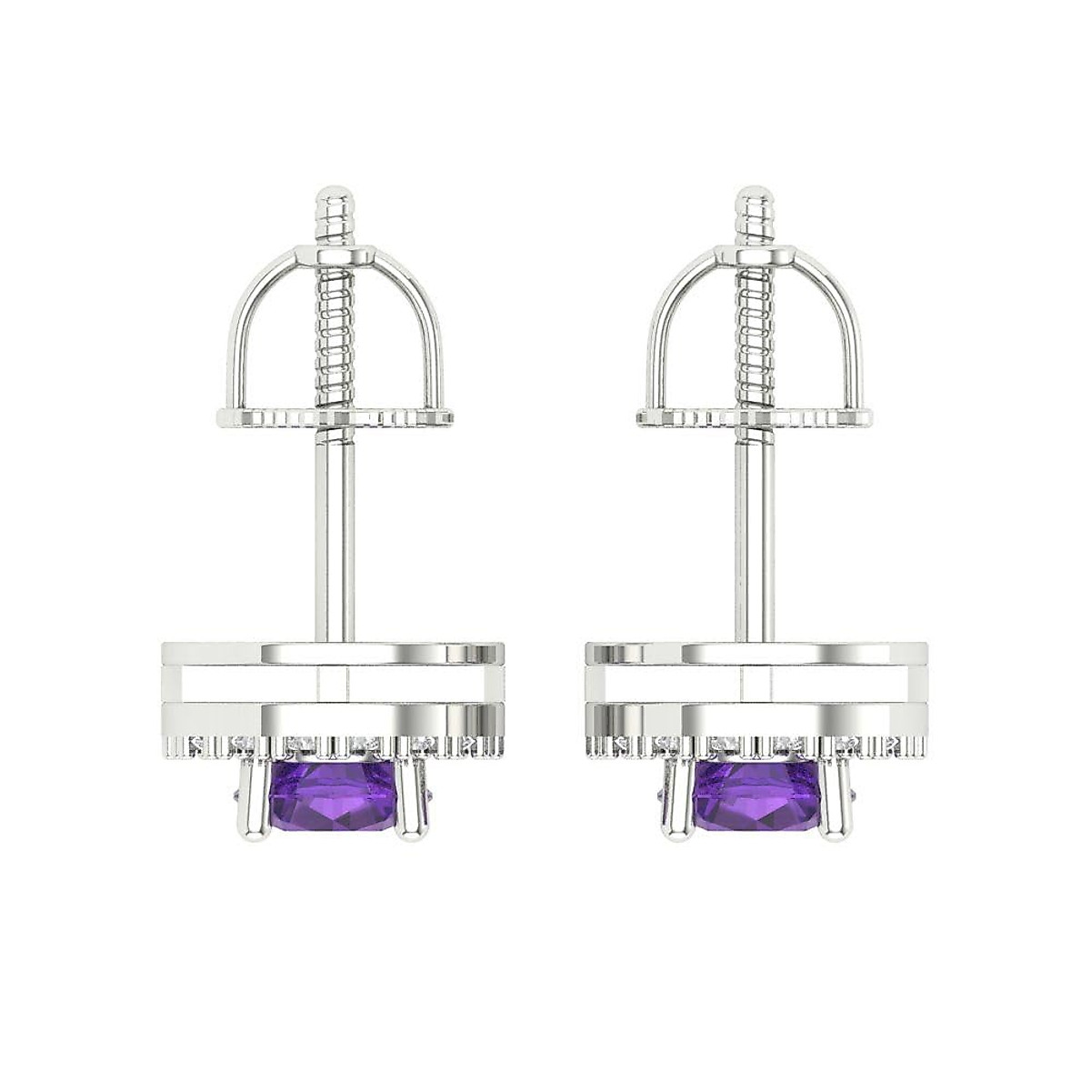 Clara Pucci 1.5ct Round Cut Halo Solitaire Natural Amethyst Unisex Designer Solitaire Stud Screw Back Earrings Solid 14k White Gold