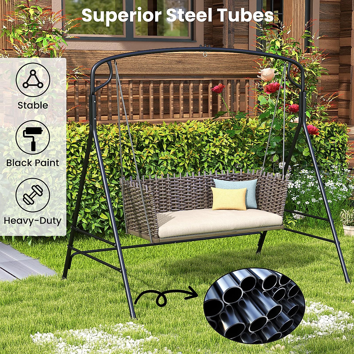 HAPPYGRILL Porch Swing Stand, Heavy Duty Metal Hanging Swing Frame with 2-Point/Single-Point Hanging, A-Frame Swing Stand for Indoor Outdoor Patio Backyard Fits for Most Swings