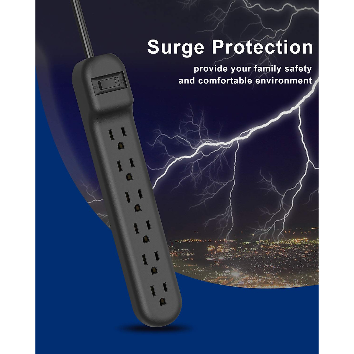 Wishinkle Surge Protector with 6 Outlets, 2.5-Foot Flat Plug Extension Cord Power Strip, 500 Joule, Multiple Protection Outlet Strip for Home, Office, Travel, School-Black, Pack of 2