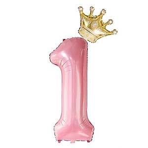 40Inch Pink Crown Number 1 Balloons Set, 1st Birthday Balloons for Girls, Childrens 1st Birthday Party Decorations. (1)