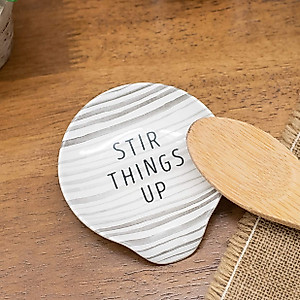 DEMDACO Stir Things Up 4.5 x 4 Glossy White and Grey Stripe Ceramic Stoneware Kitchen Spoon Rest