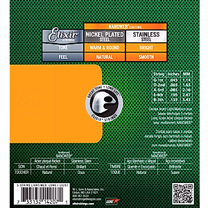 Elixir Strings Nickel Plated Steel 5-String Bass Strings w NANOWEB Coating, Long Scale, Light/Medium (.045-.135)