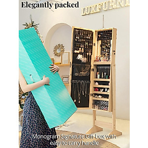 LUXFURNI 62.6" Standing Mirror with Storage, LED Light Mirror Jewelry Cabinet Armoire, Large Jewelry Storage Mirror, Lockable Jewelry Organizer Mirror, Natural