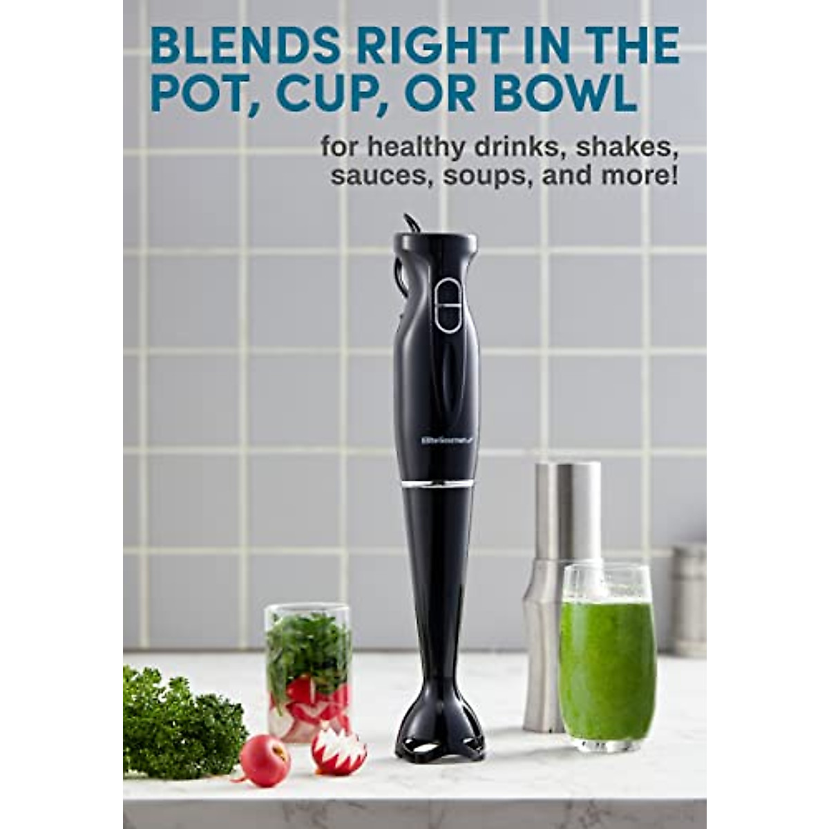 Elite Gourmet EHB1023 Immersion Hand Blender 300 Watts 2 Speed Mixing with Detachable Blades, Detachable Wand Stick Mixer, Smoothies, Baby Food, Soup, Black