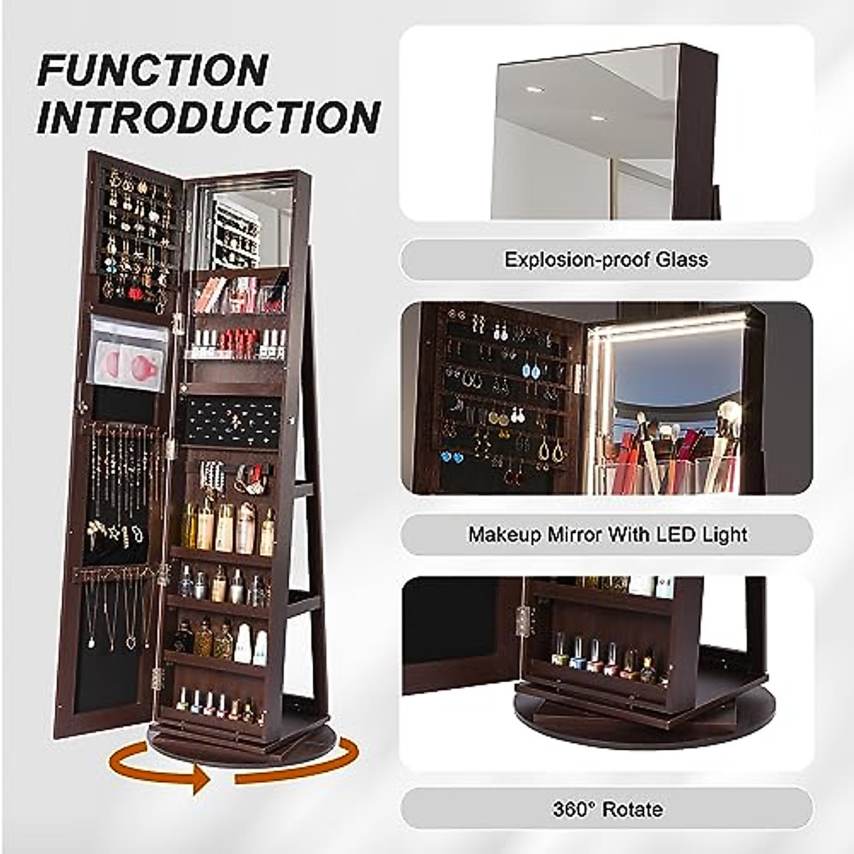 HNEBC LED Light Jewelry Organizer - 360° Rotating Armoire with Mirror, Full Length Cabinet for Jewelry Storage - Large Dark Brown Box Compatible with Alexa/Google Assistant