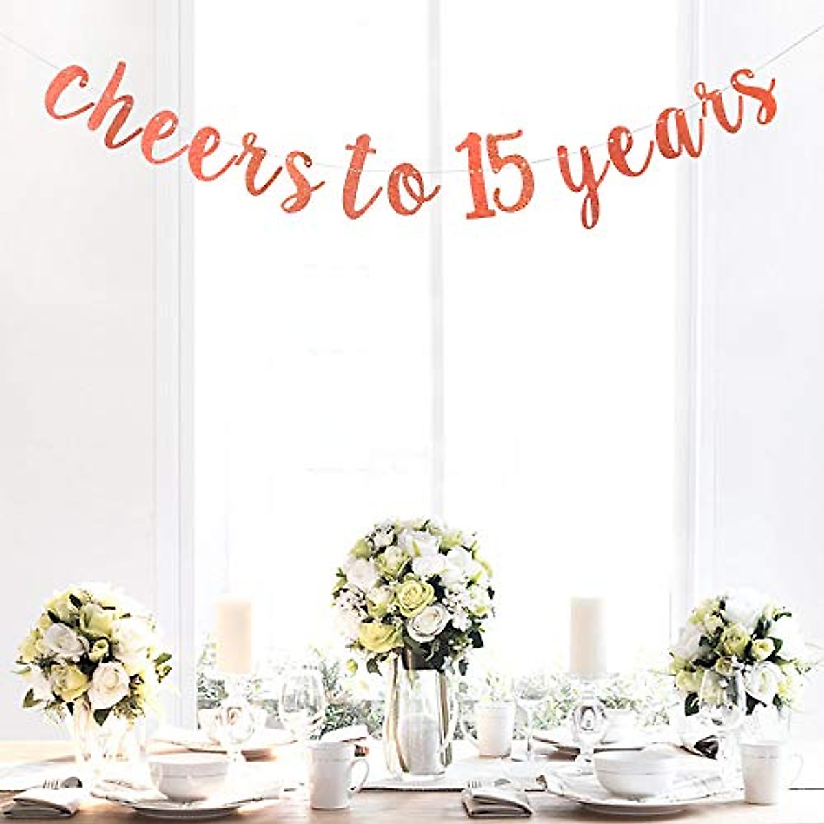 Rose Gold Glitter Cheers to 15 Years Banner, Happy 15th Birthday Bunting Garlands,15th Anniversary Party Decoration Supplies(Pre -Strung)