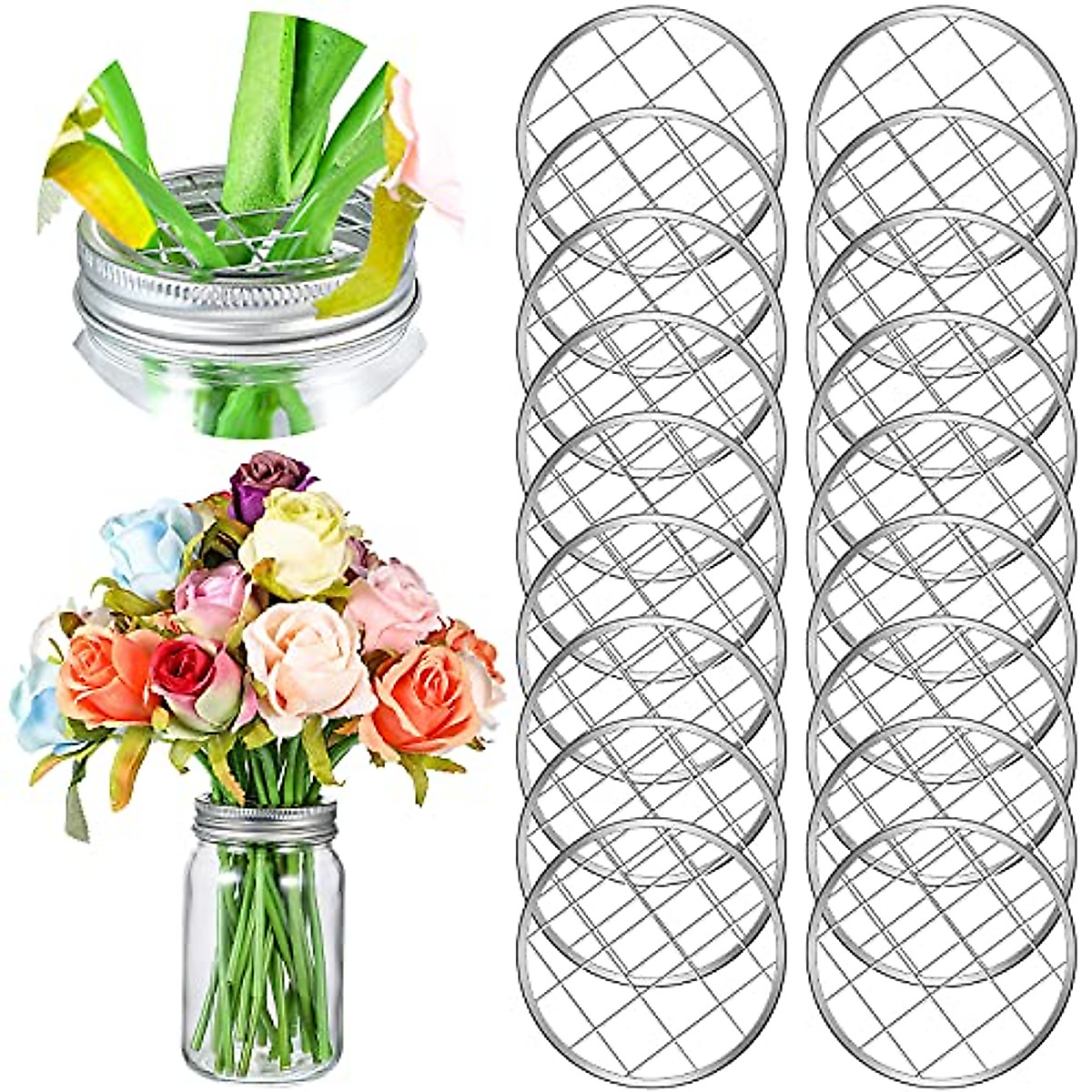 Mason Jar Flower Insert Lid Insert Metal Flower Lid Insert Flower Organizer Lid Insert with Square Grids for Regular Mouth Mason Canning Jars (8)