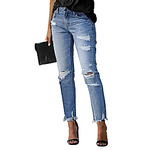 KUNMI Women's Ripped Boyfriend Slim Fit Jeans Frayed Distressed Stretchy Denim Pants