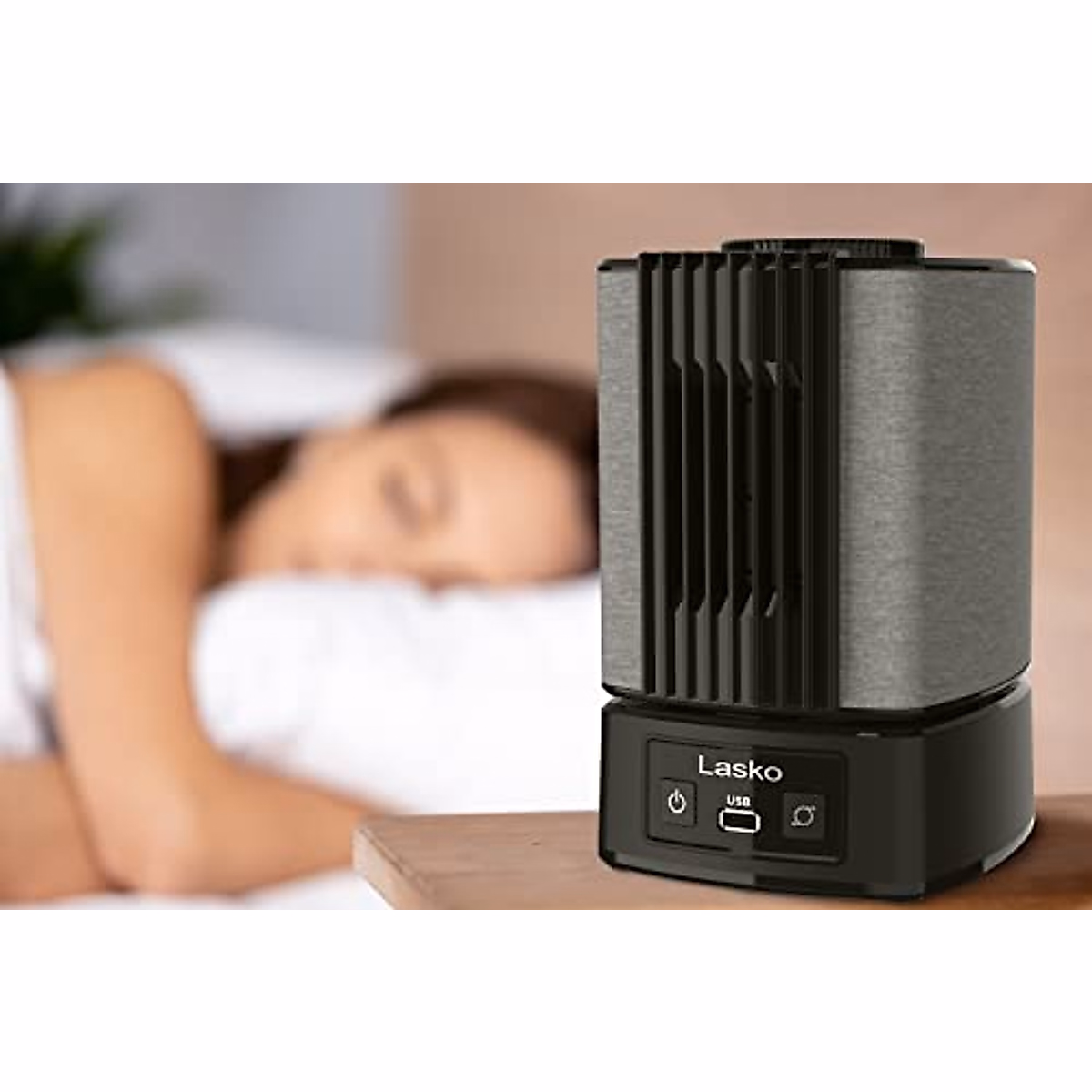 Lasko SB100 SlumberBreeze 2-in-1 Small Table Fan and White Noise Machine for Better Sleep in the Bedroom and Focus in the Home Office, Black