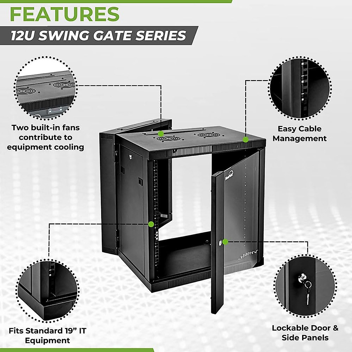 NavePoint 12U Server Cabinet with Hinged Back - 17.7” Deep, 12U Server Rack Enclosure with Locking Glass Door, Wall Mount Rack with Removable Side Panels, 12U Network Cabinet with 2 Fans, Assembled