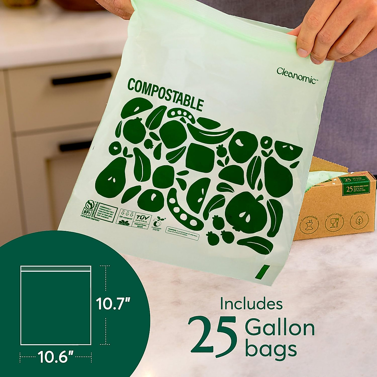 Cleanomic Compostable* Food Storage Bag Bundle – 1 Box Each of 25 Zip Quart Bags, 25 Zip Sandwich Bags, 50 Zip Snack Bags, and 25 13-Gallon Kitchen Waste Bags