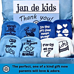 jan de kids Newborn Baby Socks Gift Set - 4 Soft Pairs - Comfortable - Unique - Funny - Perfect for Baby Showers - Sized 0-6 Months