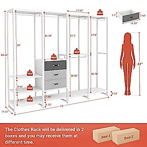 Aheaplus Wood Clothes Rack Wardrobe Closet for Hanging Clothes Heavy Duty Garment Rack, Large Corner L Shaped Closet System Organizers Walk-in Closet for Bedroom with 11 Shelves, 3 Wood Drawers, White